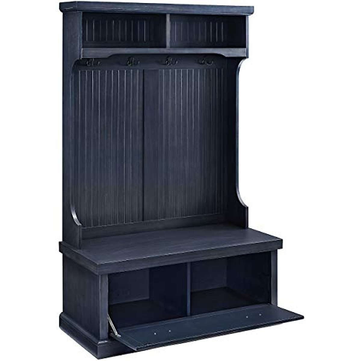 Crosley Furniture Seaside Hall Tree, Entryway Bench with Coat Rack and Shoe Cabinet, Distressed Navy