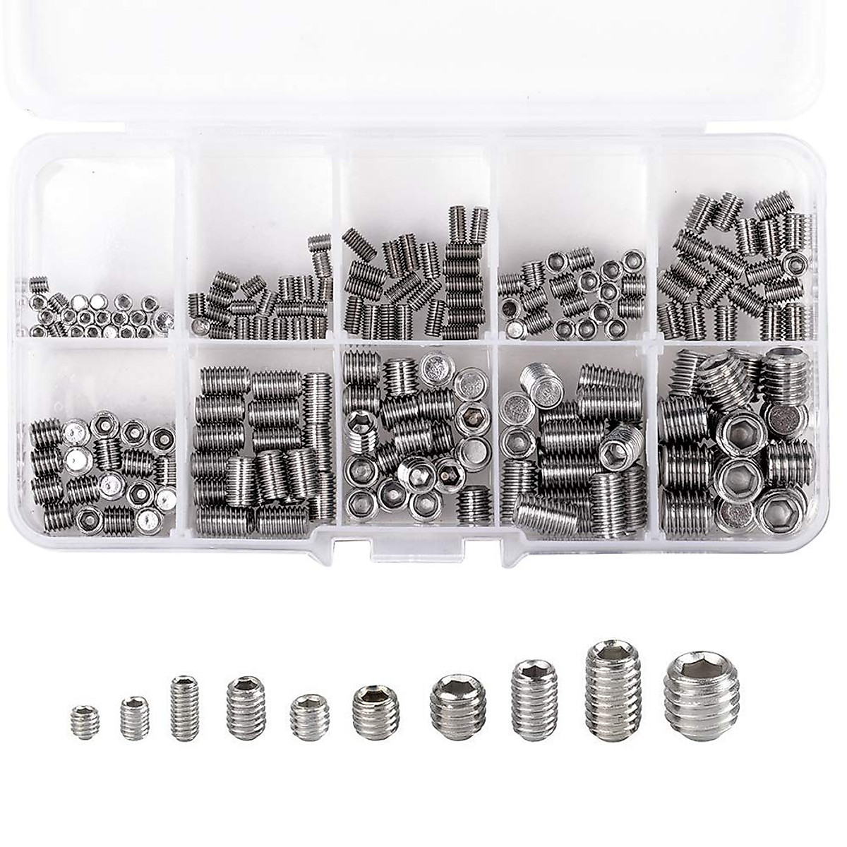Yakamoz 200Pcs M3 M4 M5 M6 M8 Hex Allen Head Socket Grub Screw Set Stainless Steel Cup Point Metric Screws Assortment Fasteners Kits