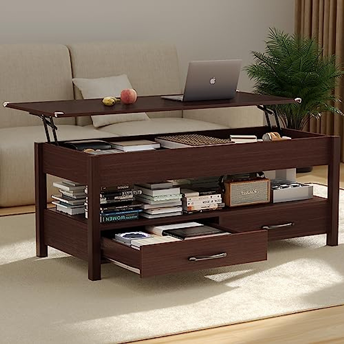 VEELOK Lift Top Coffee Table for Living Room with Hidden Storage Compartment 2 Drawers and Shelf Large Convertible Coffee Table, 43.3" Modern Wood Coffee Table, 445LBS Max Weight, Espresso