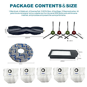 16Pack Replacement Parts Compatible with ECOVACS DEEBOTX1 Omni / X1TURBO / X1 Plus /T10 Omni Robotic Vacuum Cleaner Accessories, 1 Roller Brush 2 HEPA Filters 5 Dust Bags 4 Side Brushes 4 Mop Pads