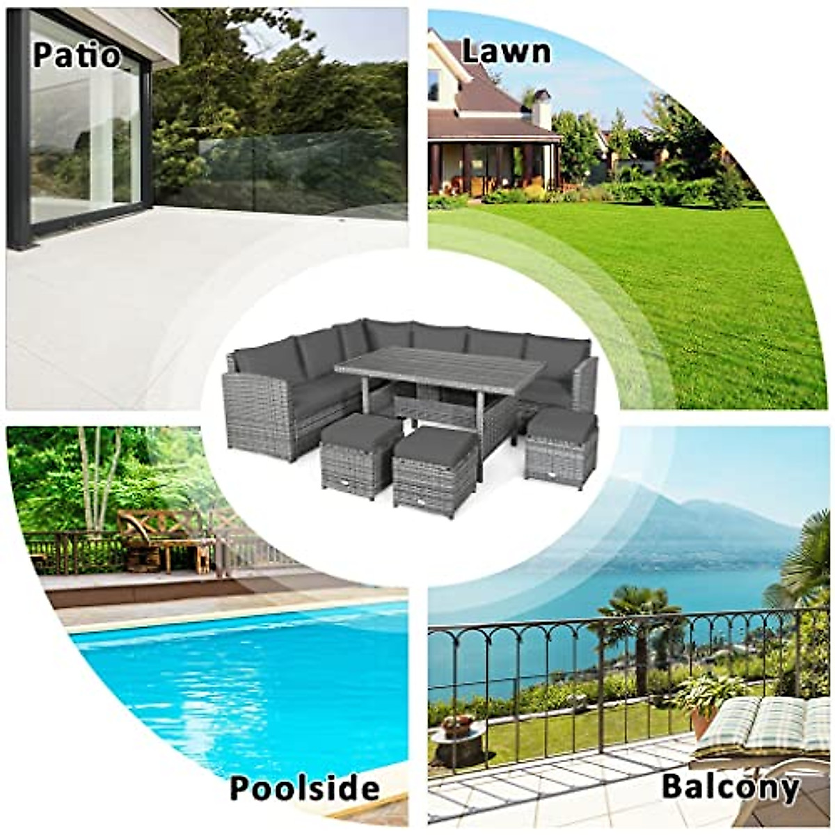 NICEDAYFY 7 PCS Patio Rattan Dining Set Sectional Sofa Couch Ottoman Garden Gray for Yard, Patio, Poolside, Porch, Etc