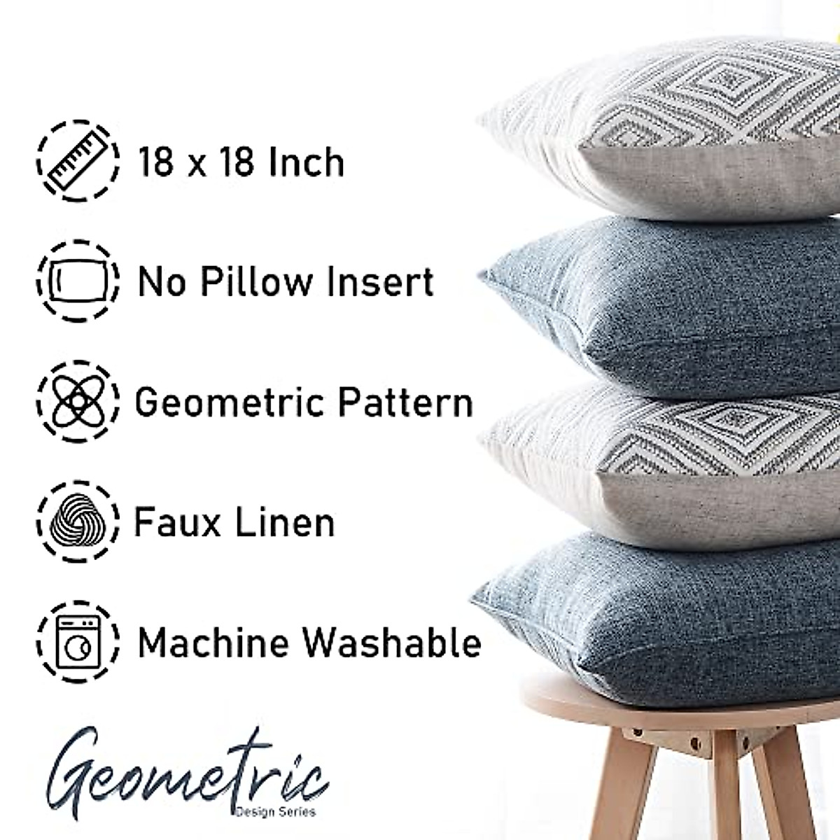 HPUK Decorative Throw Pillow Covers Set of 4 Square Couch Pillows Linen Cushion Cover for Couch Sofa Living Room, 18"x18" inches, Blue