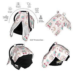 Rutiea Cartoon Owls Birds Pattern Car Seat Cover for Babies, Peekaboo Opening Minky Carseat Canopy Stroller Cover for Newborn, Mom Nursing Breastfeeding Covers, Blanket for Infant Toddler