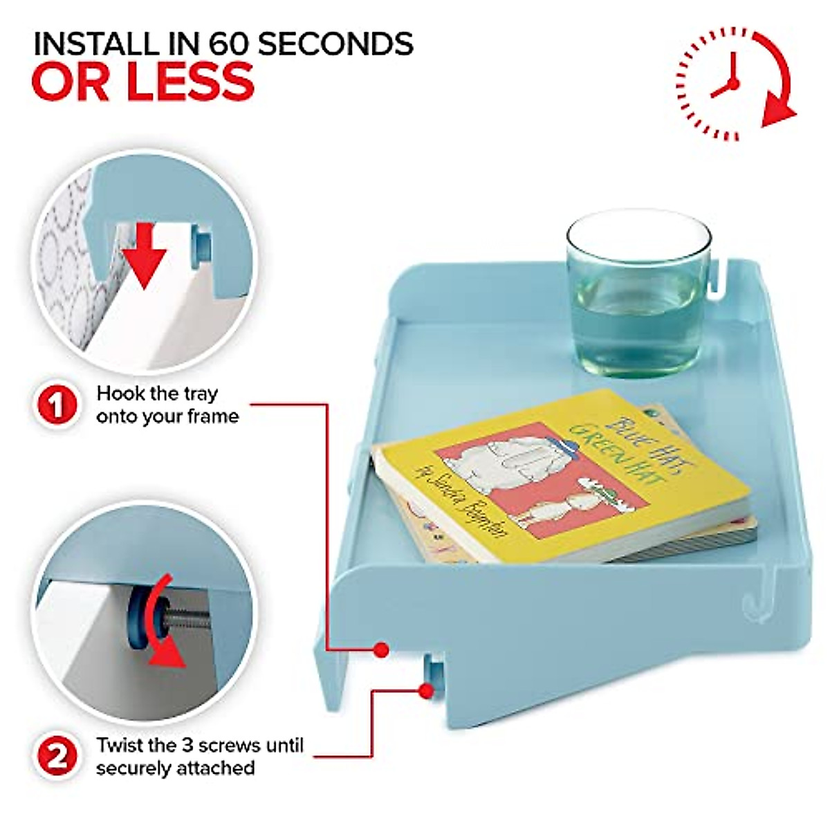 Modern Innovations Bedside Shelf for Bed, College Dorm Room, Bunk Bed Shelf for Top Bunk, Clip On Nightstand, Baby Changing Table Tray, Cup Holder for Kids, Bunkbed Caddy for Table Storage (Baby Blue)