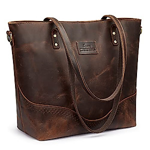 S-ZONE Women's Leather Tote Bag Vintage Large Work Handbag Shoulder Crossbody Purse with Zipper Pocket