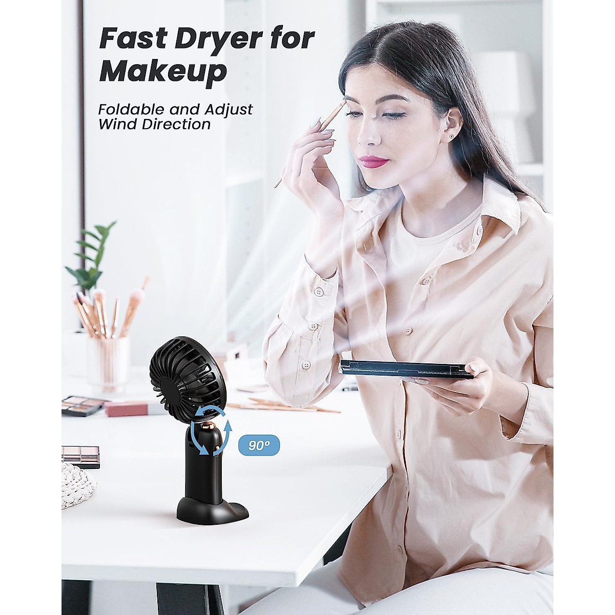 coldSky Portable Handheld Fan, 4000mAh Battery Operated 3 in 1 Multifunction Personal Travel Fan with Digital Display, 90° Foldable Desk Fan with Base, 5 Speed Lash Fan for Makeup/Office (Black)