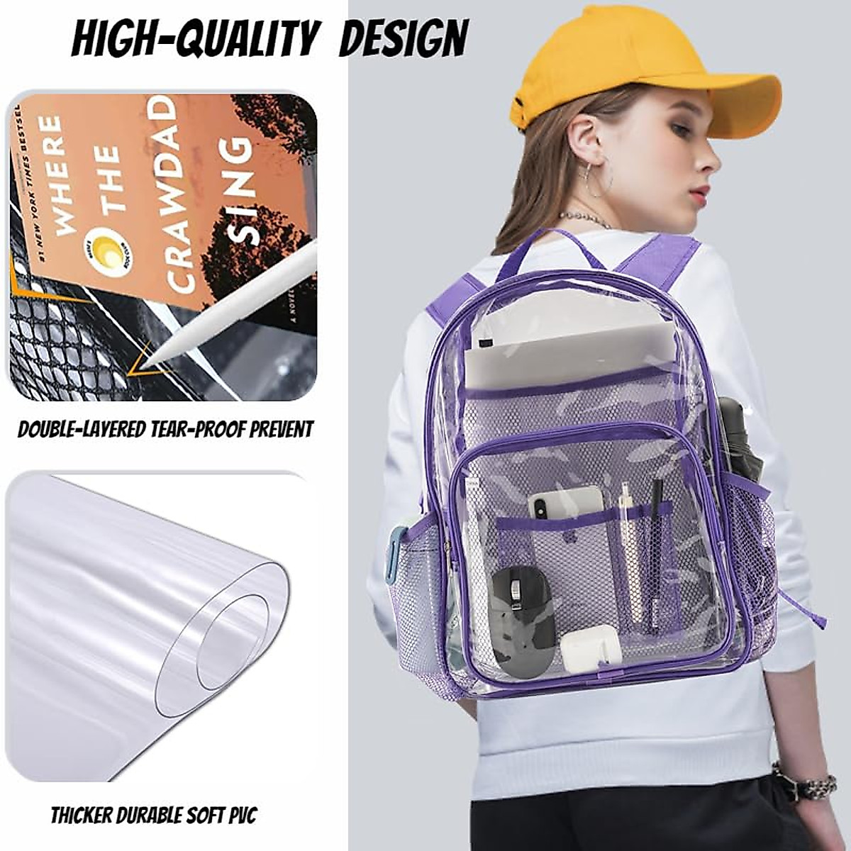 BAJNOKOU Clear Backpack Stadium Approved for Women Men Heavy Duty PVC Transparent See Through Backpacks for School Work Travel,Purple