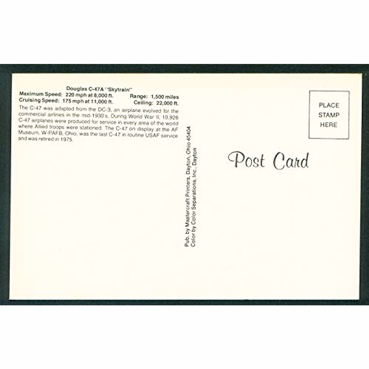 Douglas C-47 Skytrain WWII Airplane USAF Museum Postcard