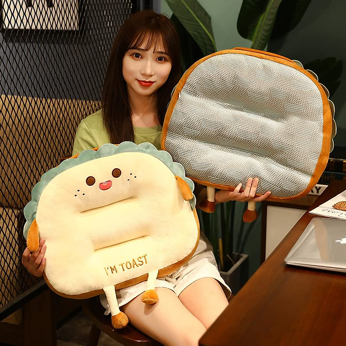 JOSON Cartoon Double-Sided Chair Cushion Toast Travel Pillow, Soft and Lovely Plush Toast Cushion, Suitable for Cars, Sofas, Balconies, Offices and Families (Happy)