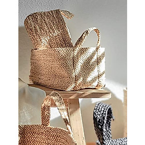 GooBloo Handmade Woven Basket 100% Jute - 10” x 7” - Set of 2- Storage Basket for Living Room, Toys, Storage, Towels or Nursery - Wicker Baskets with Handles - Handmade Natural Bathroom Hampers