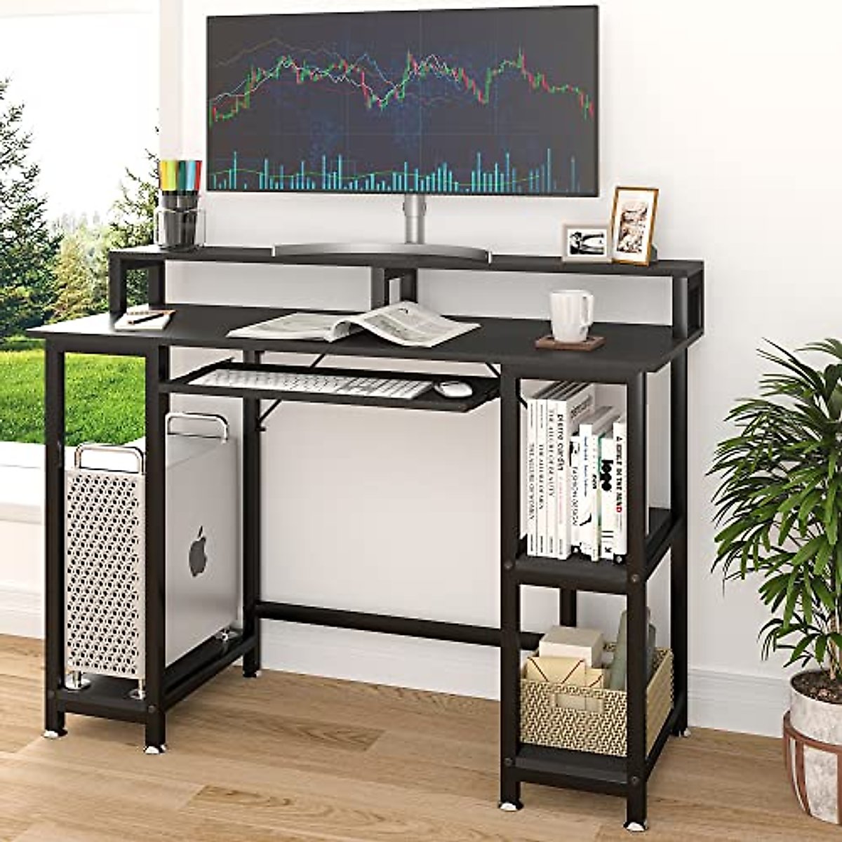 JSungo Small Computer Desk with Monitor Stand, 47 Inch Home Office Desk with 2 Tier Storage Shelf for Small Space, Sturdy Writing Gaming Table with Keyboard Tray and CPU Shelf, Black