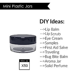 (50 Pieces, Black Lid) 5gram/5ml Round Clear Container Jars with Black Screw Cap Lids for Lip Balms, Makeup Samples Makeup Eye Shadow Nails Powder Jewelry - BPA Free
