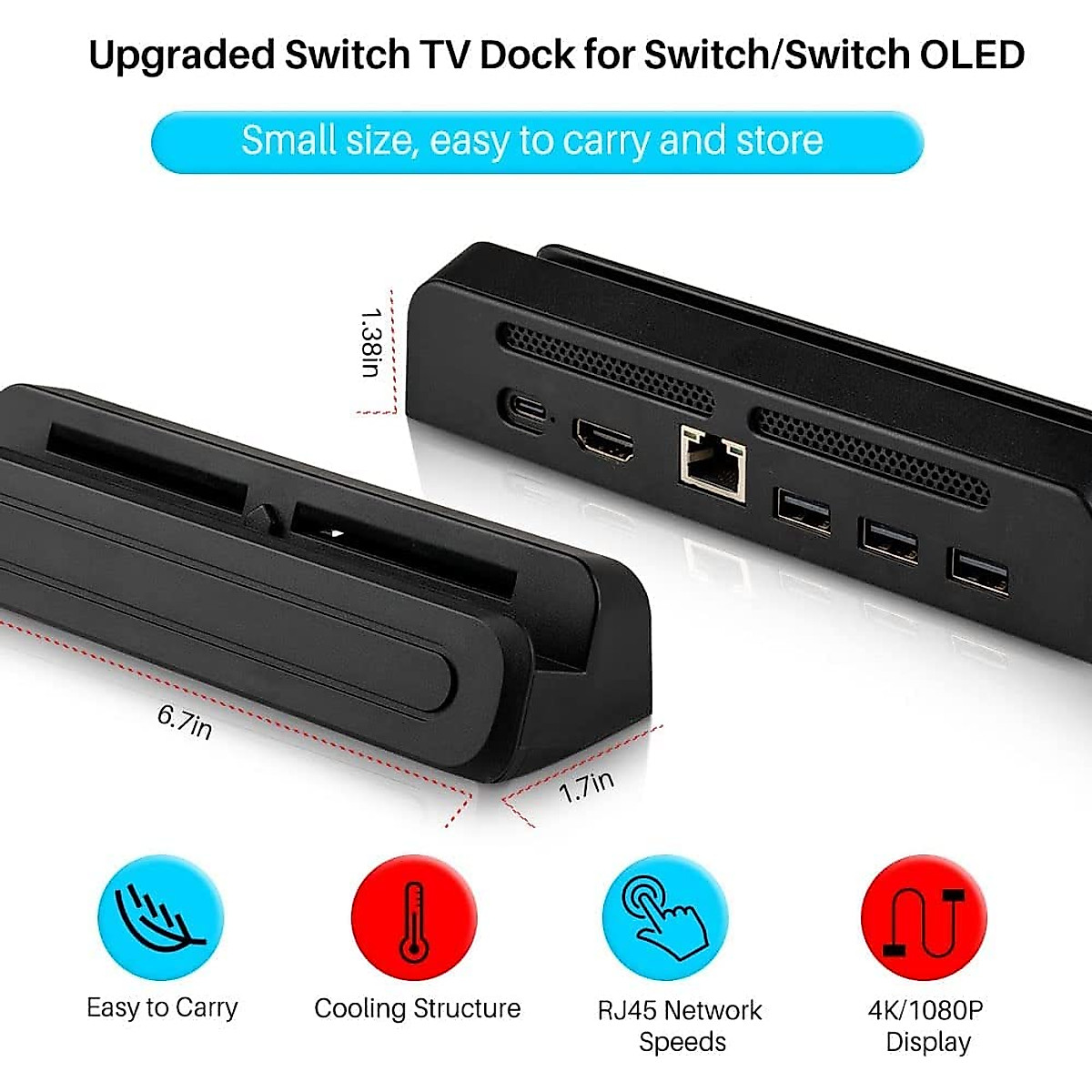 TV Docking Station with 1000M Ethernet for Nintendo Switch,Charging Dock for Nintendo Switch Portable Dock Station,3-Port USB 2.0,USB C to HDMI 4K for Switch, Switch OLED(Not Supported Switch lite)