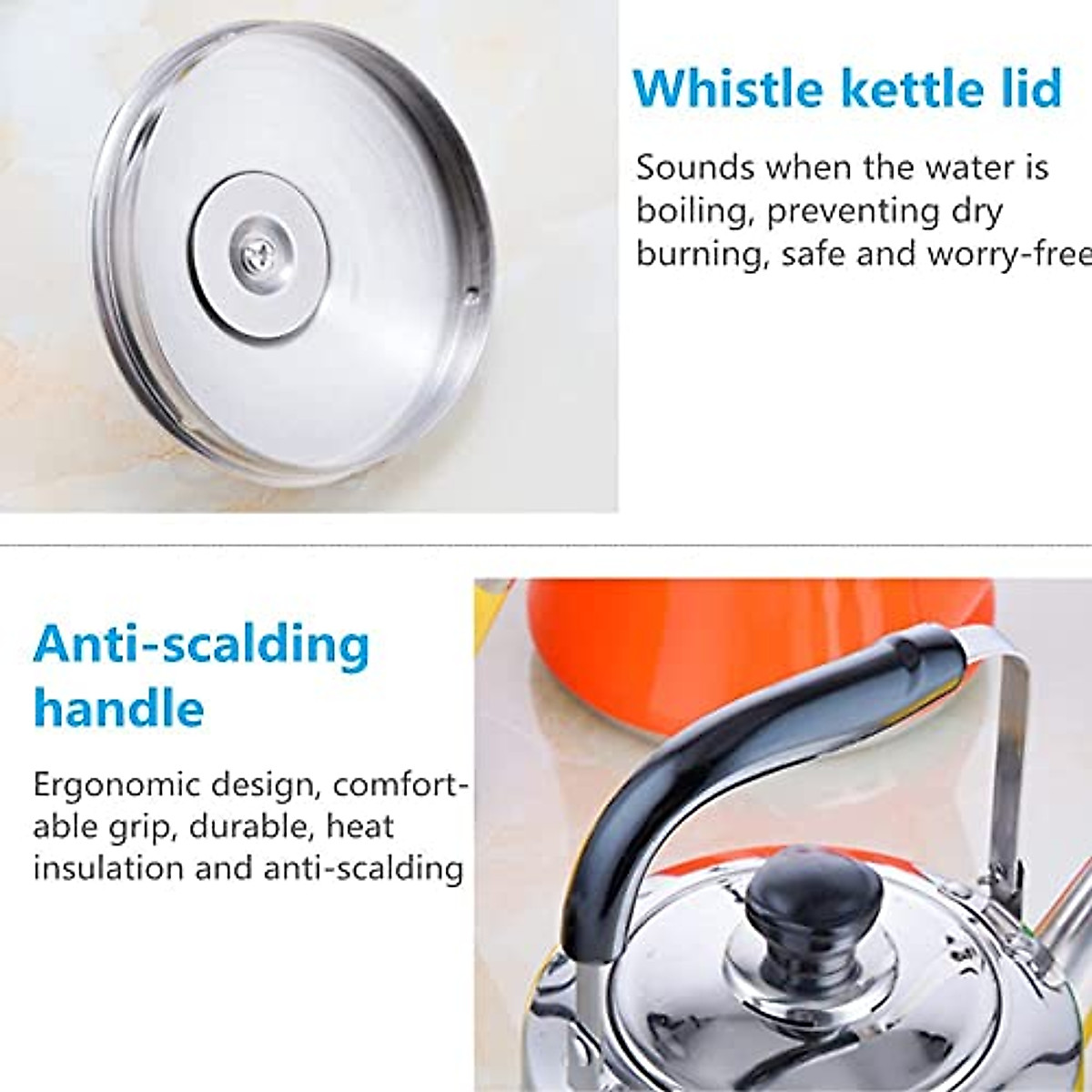 TailVeil Orange Tea Kettle, Tea Kettle Stovetop Teapot 304 Stainless Steel Tea Pots for Stove Top, Anti-Hot Handle,with removable tea basketSuitable for All Heat Source, Orange (2.11 Quart)