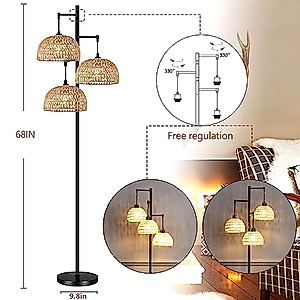 QIYIZM Floor Lamp for Living Room,Bedroom,3-Lights Boho Rattan Floor Lamps,Tree Farmhouse Industrial Black Standing Lamp Wicker Rustic Adjustable Tall Lamp,Woven Bamboo LampShade Floor Light Bohemian