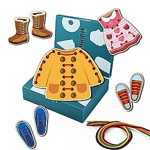 ilovepo Lacing Cards for Kids Toddlers,Clothes Dresses Shoes Lace & Trace Activity Set,Montessori Toys Sewing Educational Play Toy for Boys & Girls