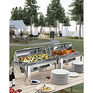 Halamine Roll Top Chafing Dish Buffet Set, 9 Qt Stainless Steel Chafer with 2 Half Size Pans Buffet Servers and Warmers Set Warming Tray for Wedding, Parties, Banquet, Catering Events, Graduation