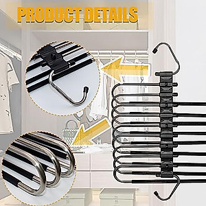 Trrcylp 2Pack Pants Hangers Space Saving, 9 Layer Collapsible Trousers Non Slip Stainless Steel Multifunctional Rack Closet Organizer for Slack Scarf Jeans Black