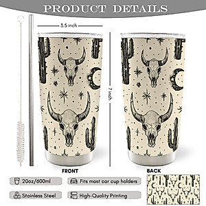 MOTERMATE Western Cow Skull 20oz Travel Coffee Mug Tumbler, Western Gifts for Women Coworker Him, Cowgirl Gifts, Desert Water Stainless Steel Tumbler with Lid and Straw