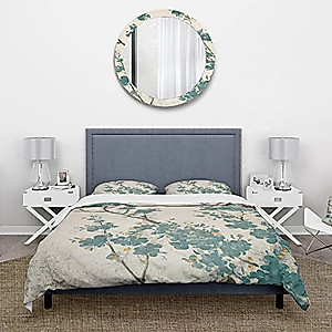 DesignQ Teal Cherry Blossoms II Traditional Duvet Cover Set, Blue Duvet Cover Set Queen, Floral Bedding Set of 3 Pieces, All Season Traditional Bedding Sets Queen