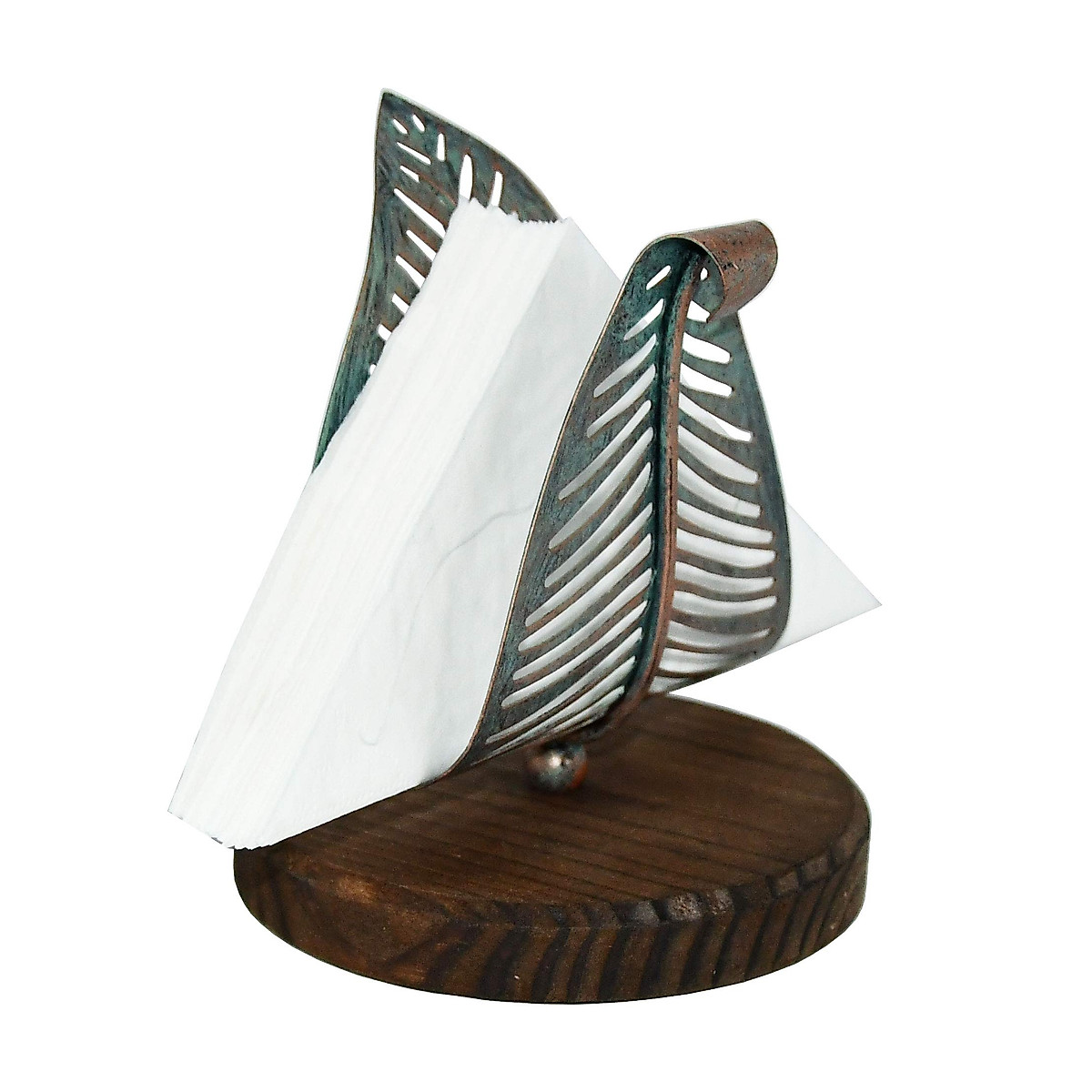 OwlGift Freestanding Modern Napkin Holder w/Golden Turquoise Metal Leaf & Brown Wooden Base Design, Tabletop Tissue Dispenser, Napkin Storage Organizer