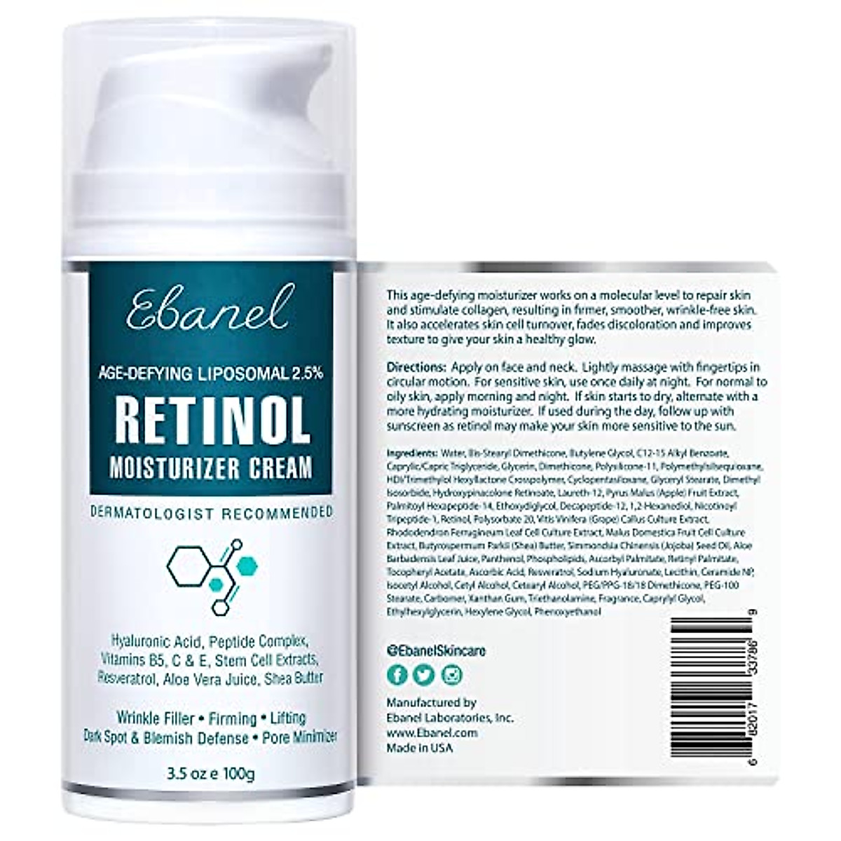 Ebanel 2.5% Retinol Cream for Face Moisturizer with Peptide, Hyaluronic Acid, Anti Aging Wrinkle Night Cream, Skin Tightening Firming Cream for Face and Neck, Minimizes Dark Spot, Age Spot, Acne Scar