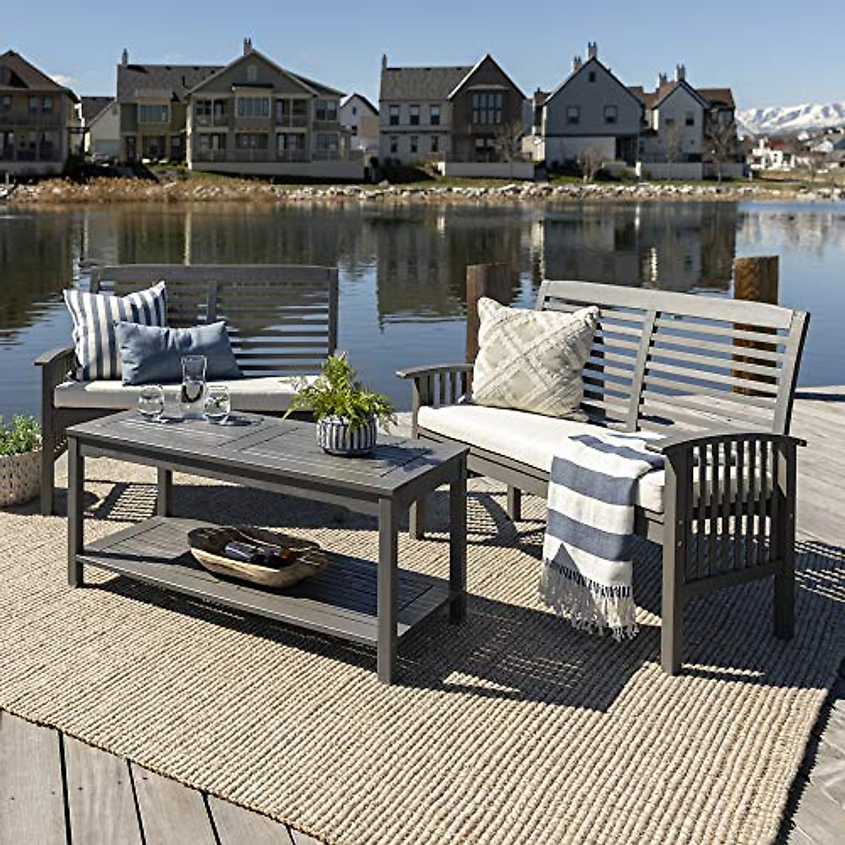 Walker Edison Maui Modern 3 Piece Solid Acacia Wood Slatted Patio Chat Set, Set of 3, Grey Wash