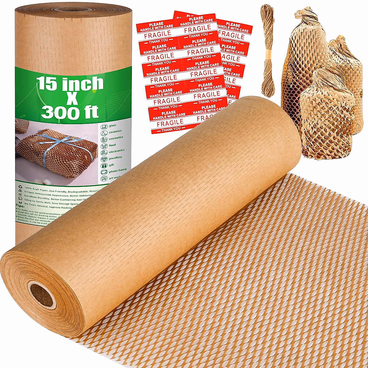 Honeycomb Packing Paper, 15" x 300' Recyclable Cushion Packing Paper for Moving Shipping Packaging Breakables, Eco Friendly Bubble Wrap Alternative Roll Kraft Honeycomb Paper with 20 Fragile Stickers