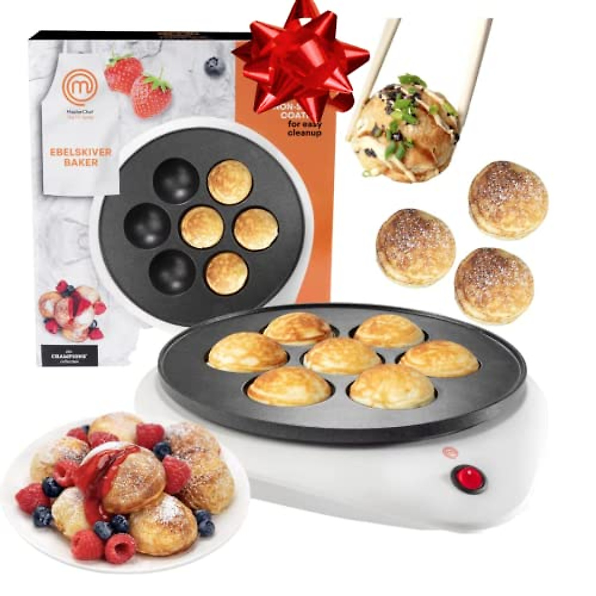 MasterChef Electric Ebelskiver Maker Delicious Homemade Japanese Takoyaki, Donut Holes, Cake Pops, Octopus Balls, Aebleskivers, Danish- Nonstick Easy Clean Appliance, Fun Summer Baking Gift