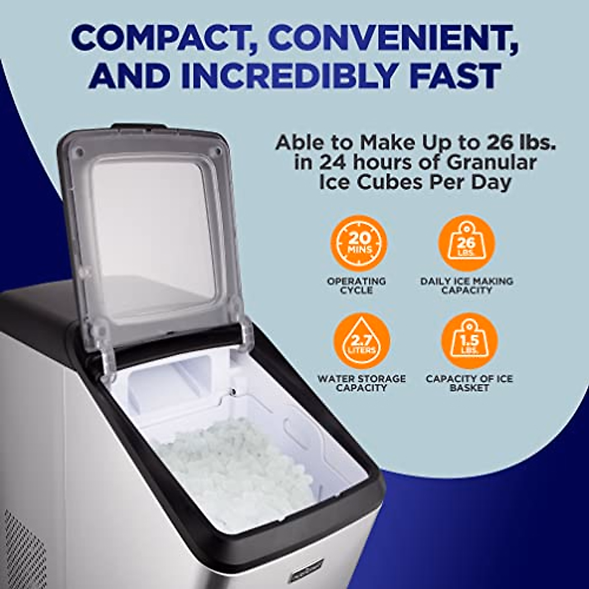 NutriChef Countertop Nugget Ice Maker Machine - Electric Nugget Ice Maker Countertop with Ice Scoop and Basket, Includes Rear-Mounted Hose Drainage, Compact, Convenient, and Incredibly Fast - NCICNUG