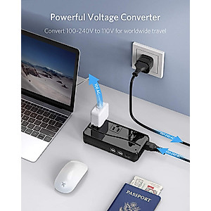 BESTEK Universal Travel Adapter 100-220V to 110V Voltage Converter 250W with 6A 4-Port USB Charging 3 AC Sockets and EU/UK/AU/US/India Worldwide Plug Adapter (Black)