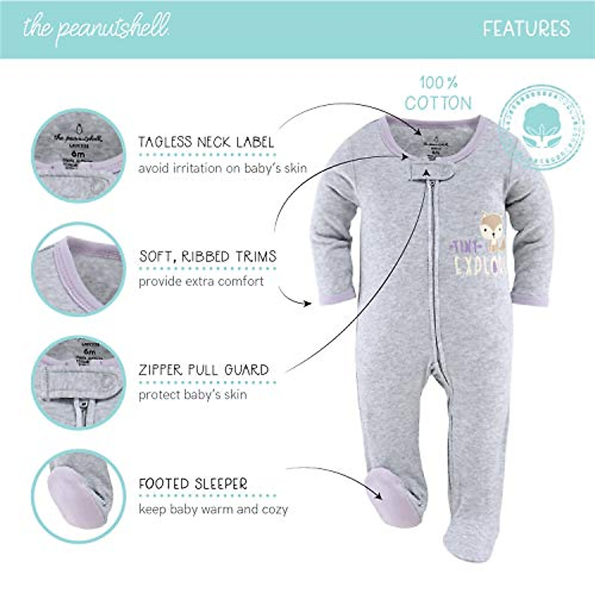 The Peanutshell Footed Baby Sleepers for Girls, Purple Woodland Animals, 3 Pack Set (9M)