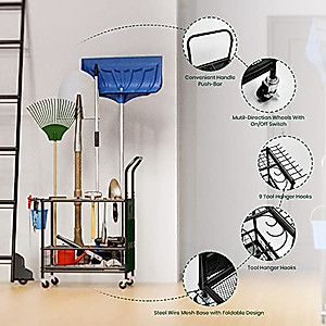 LIFXIZE Garden Tool Organizer with Wheels and Storage Hooks, Yard Tool Organizer for Garage, Garden Tool Stand, Corner Garden Tool Rack For Shed Black