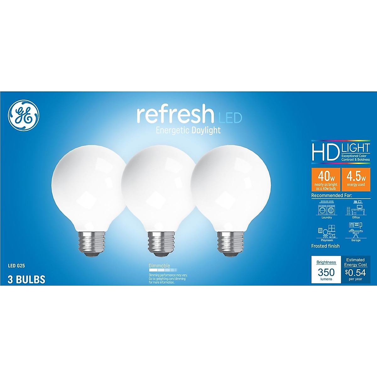 GE Refresh LED Light Bulbs, 40 Watt, Daylight, G25 Globe Bulbs, Frosted, Medium Base (3 Pack)