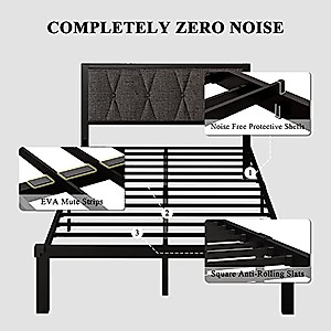 iPormis Queen Metal Platform Bed Frame with Upholstered Headboard, Upgraded Heavy Duty Bed Frame with Steel Slats Support/12 Under Bed Storage, Noise Free, No Box Spring Needed, Dark Gray