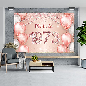 Made in 1973 Rose Gold Happy 50th Birthday Banner Cheers to 50 Years Old Backdrop Balloon Confetti Theme Decor Decorations for Women Pink Birthday Party Supplies Bday Background Glitter