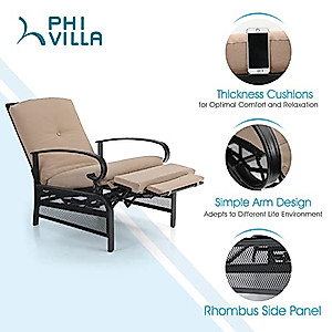PHI VILLA Adjustable Patio Recliner Chair Metal Outdoor Lounge Chair with Removable Cushions Support 300lbs, Beige