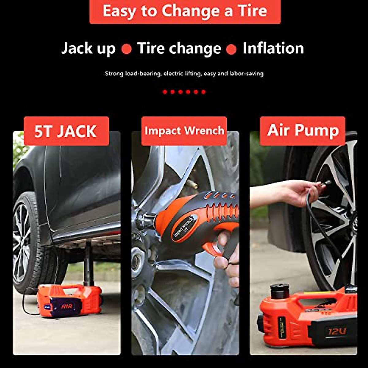 Mautyke Electric Hydraulic Car Jack Kit - 5 in 1 Air Floor Jack Stand Portable Trailer Truck Lift Jack Automatic Car Emergency Kit with Integrated Air Pump and Impact Wrench for Tire Changing