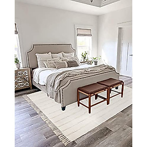 Lanffia Boho Area Rug 5' x 7'，Tufted Cotton Rainbow Living Room Rug Hand Woven Washable Farmhouse Tribal Floor Carpet for Entryway Bedroom Kitchen, Beige