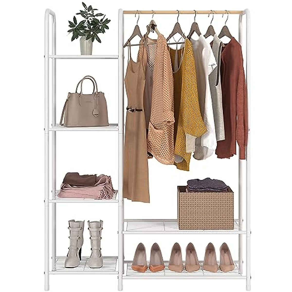 TZAMLI Clothing Rack with 6 Shelves, Heavy Duty Clothes Rack Garment Rack with Hanging Rod, Free-Standing Closet Organizer Storage Shelf (White-6 Tier)