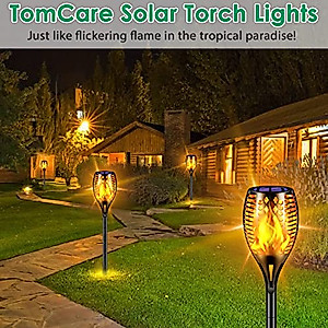 TomCare Solar Lights Upgraded, 43" Waterproof Flickering Flames 96 LED Torches Lights Outdoor Solar Landscape Decoration Lighting Auto On/Off Pathway Lights for Garden Patio Yard Christmas, Black(4)