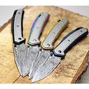 Buckshot Knives Thumb Open Spring Assisted Stainless Steel Titanium Handle with 3D Etched Inlay, Etched Damascus Wave Blade Pocket Knife (PBK215RW)