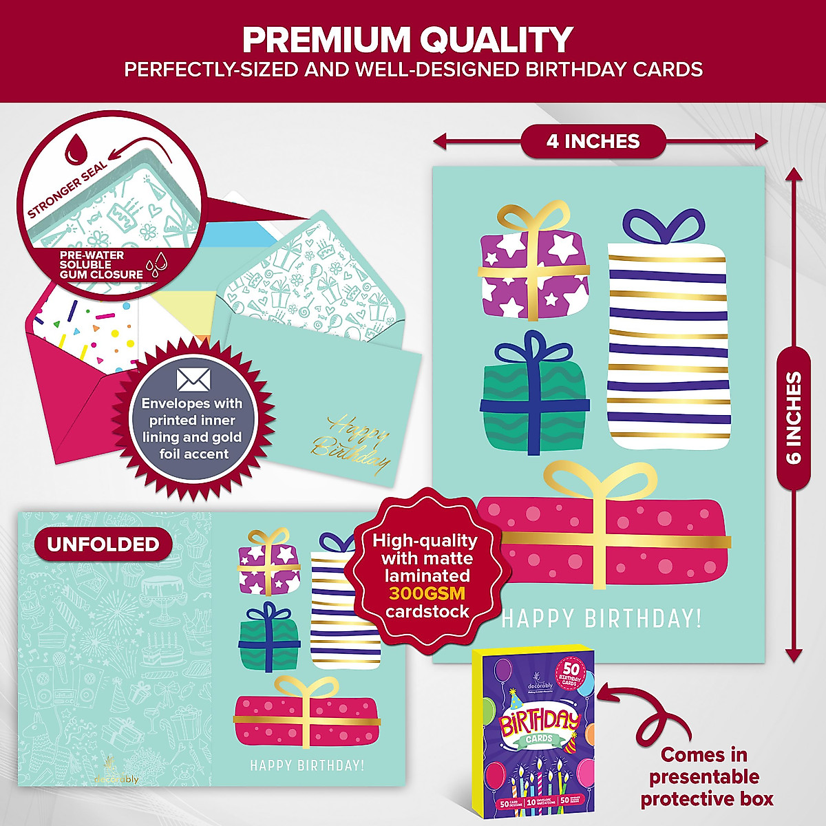 Decorably 50 Pack Foiled & Glittery Assorted Birthday Cards with Envelopes & Stickers - 50 Unique Designs Bulk Birthday Cards Bulk with Message Inside, 6x4in Bulk Birthday Cards with Envelopes