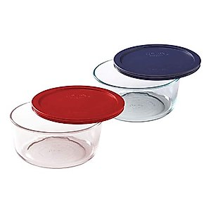 Pyrex Storage 7 Cup Round Dish, Clear with Red + Blue Plastic Lids, Pack of 2 Containers