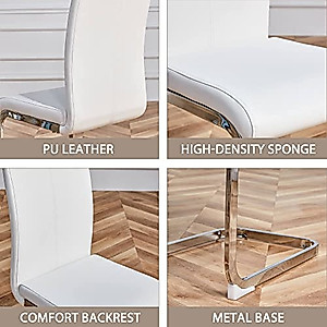 Baysitone 71 inch Dining Glass Table Set for 8, Modern Rectangle Dinner Tempered Glass Table Top and Pu Faux Leather Chairs for Dining Room, Silver Dining Table & Chair Sets for Kitchen, White