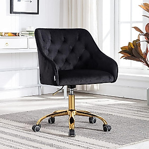 Kootlena Modern Black Velvet Desk Chair, Home Office Desk Chair Computer Chair on Wheels, Cute Vanity Chair for Womens Girls, Upholstered Swivel Task Chair w/Gold Base for Living Room Bedroom
