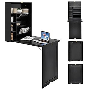 GOFLAME Wall Mounted Desk, Folding Floating Desk with 3-Tier Tilt Storage Partition and Adjustable Shelves, Space-Saving Fold up Desk Laptop Desk, Convertible Writing Desk for Home Office, Black