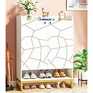 Tribesigns Shoe Cabinet, 6-Tiers Shoe Storage Cabinet with Doors for Entryway, White Gold Free Standing Shoe Cabinet Storage Organizer with Open Shelf for Living Room, Bedroom,Closet