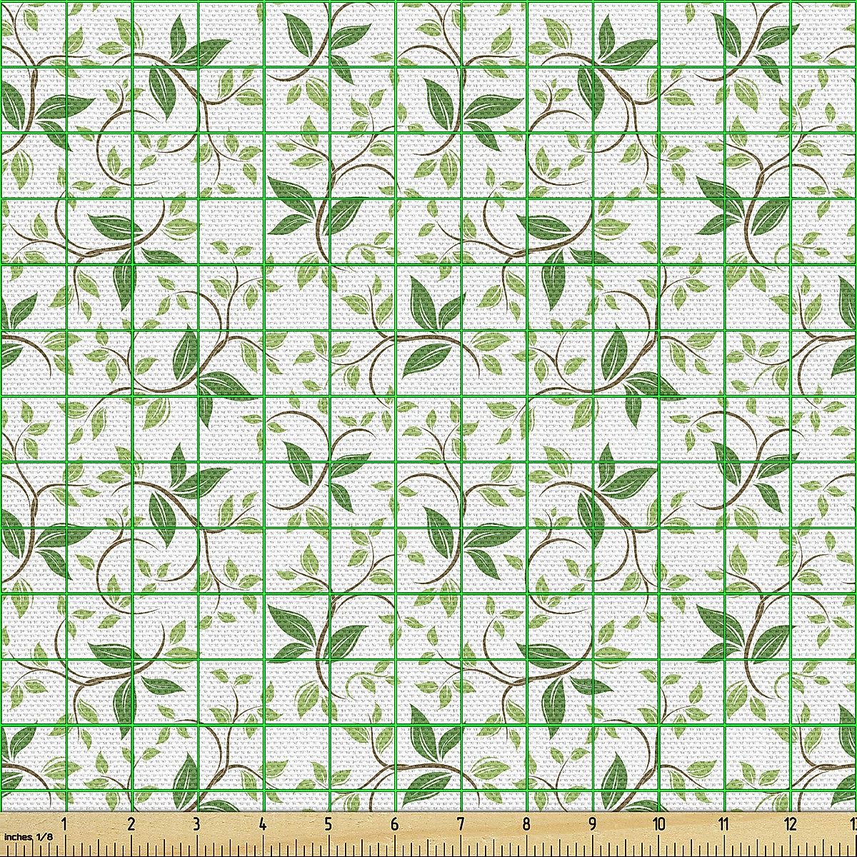Ambesonne Leaf Fabric by The Yard, Ivy Patterns with Tiny Green Leaves Branches Creme Contemporary Illustration, Decorative Fabric for Upholstery and Home Accents, 1 Yard, Green Brown