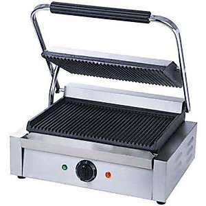 FSE SG-811E Single Electric Sandwich Panini Grill with Cast Iron Grooved Plates, Oil Tray, 120v